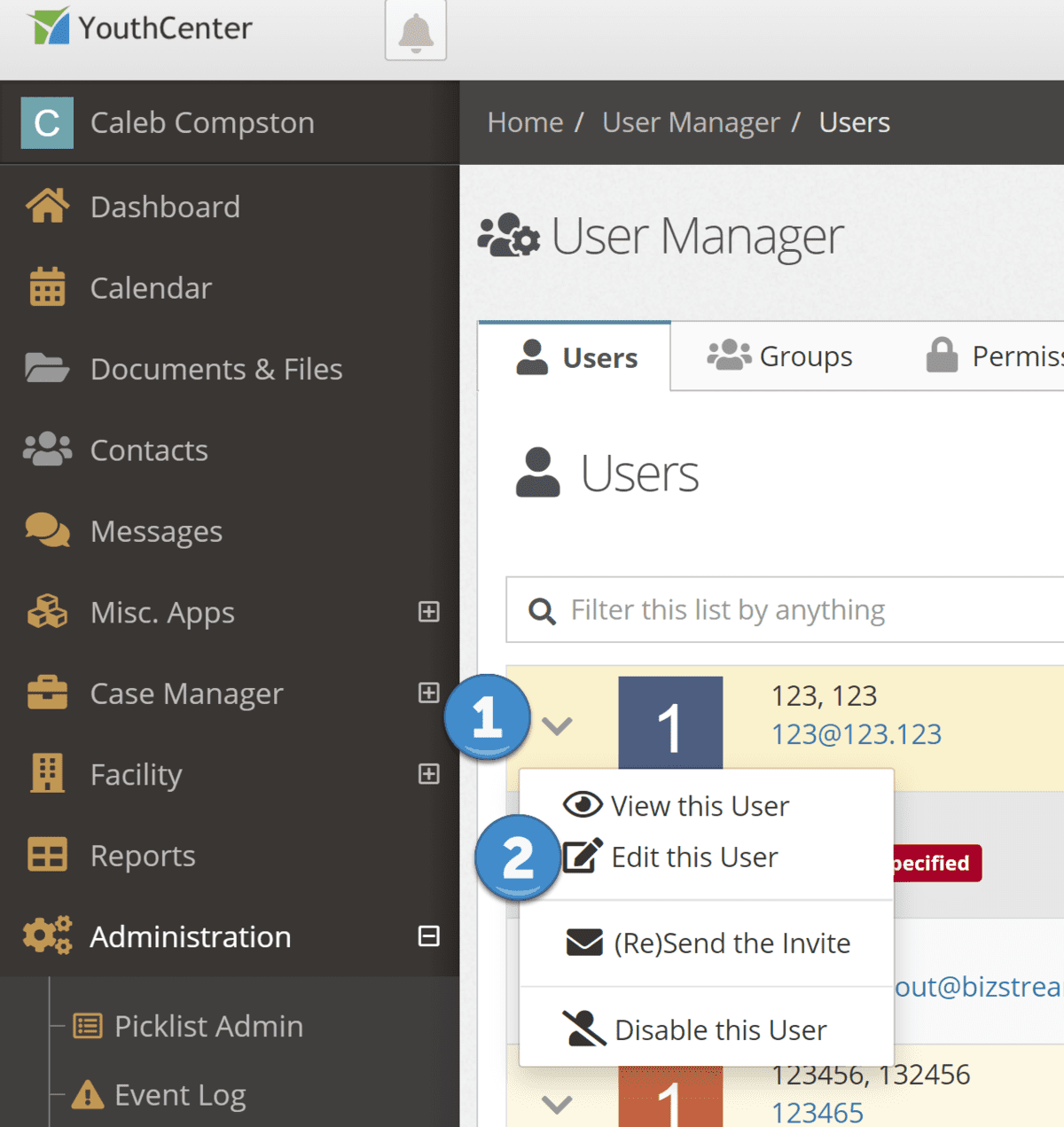 Administration: Resetting a user's password - YouthCenter Docs