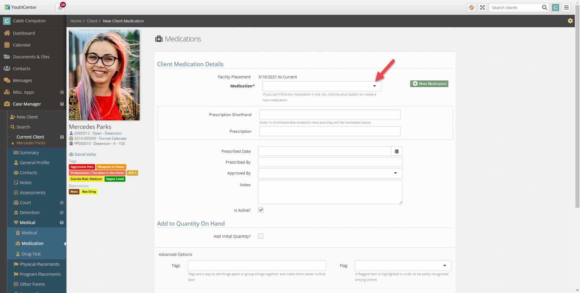 Adding a Client's Medication - YouthCenter Docs